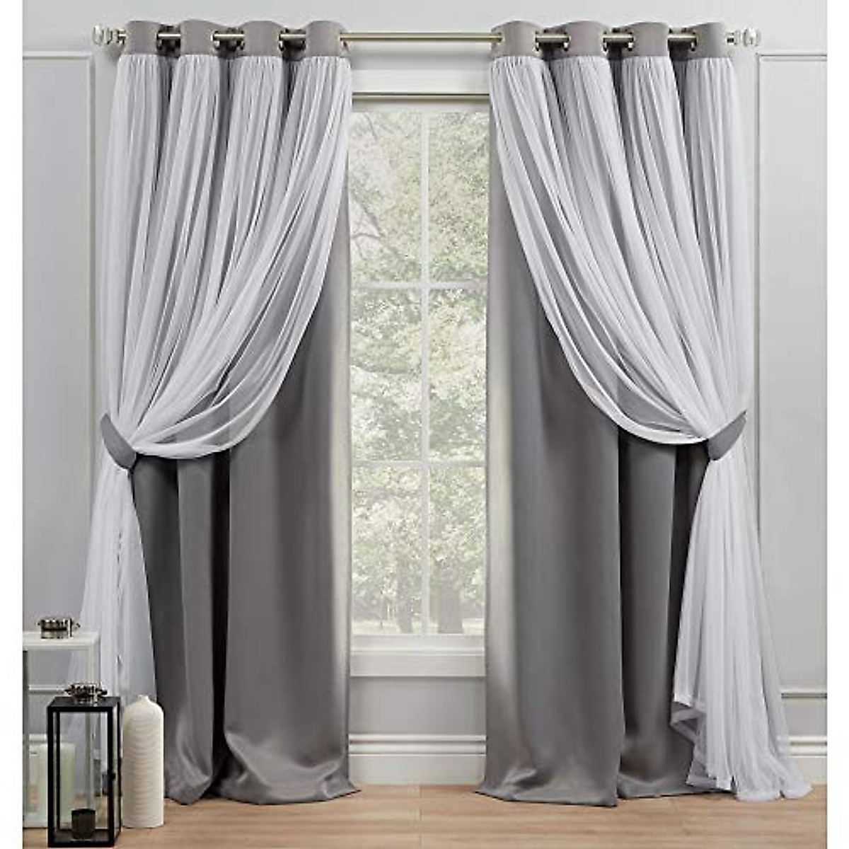 Exclusive Home Catarina Layered Solid Room Darkening Blackout and Sheer Grommet Top Curtain Panel Pair, 52"x84", Soft Grey