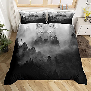 Castle Fairy Wolf Printed Bedding Set,Misty Woods Duvet Cover for Kids Teen Boys Girls,Natural Landscape Comforter Cover Decorative Room,Wild Animals Quilt Cover with 2 Pillowcases,King Size