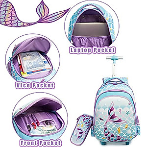 Meetbelify Girls Rolling Backpack Wheels Backpacks Kids Luggage for Elementary Preschool Students Cute Suitcase Trolley Trip Wheeled Mermaid Backpack with Lunch Box for Girls