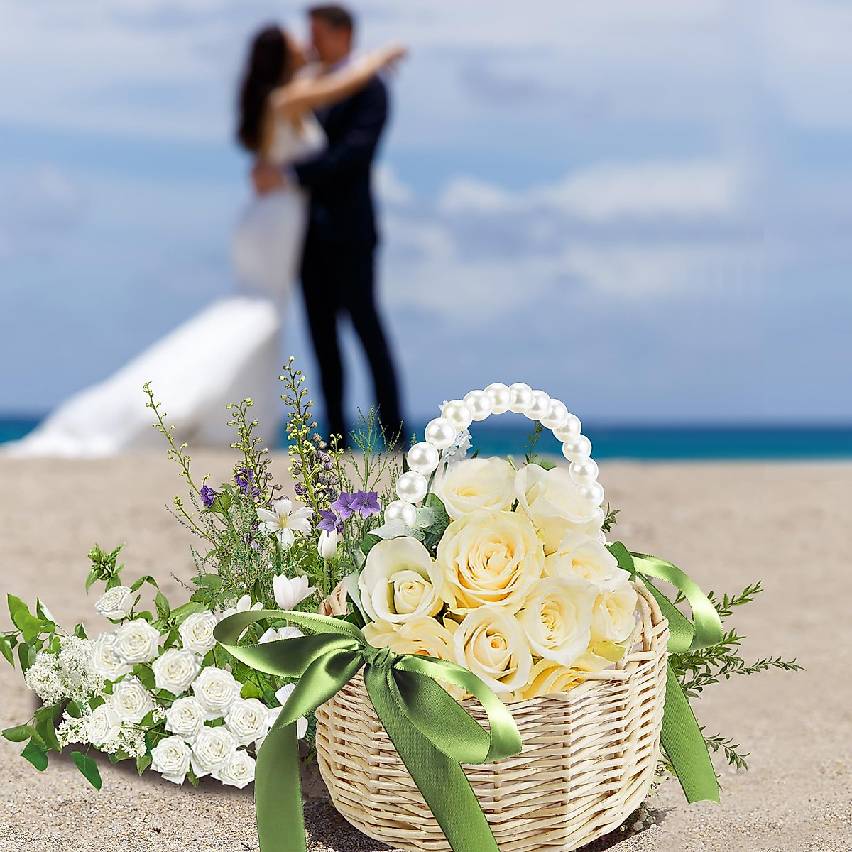 2 PCS Wicker Rattan Flower Girl Basket with 1000 PCS Artificial Silk Rose Petals Wedding Flower Girl Basket with Pearl Handle and Bow Fairy Flower Basket for Weddings Bridal Anniversary Party Decor