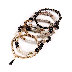 RIAH FASHION Bead Multi Layer Versatile Statement Bracelets - Stackable Beaded Strand Stretch Bangles Sparkly Crystal Mix, Tassel Charm (Black)