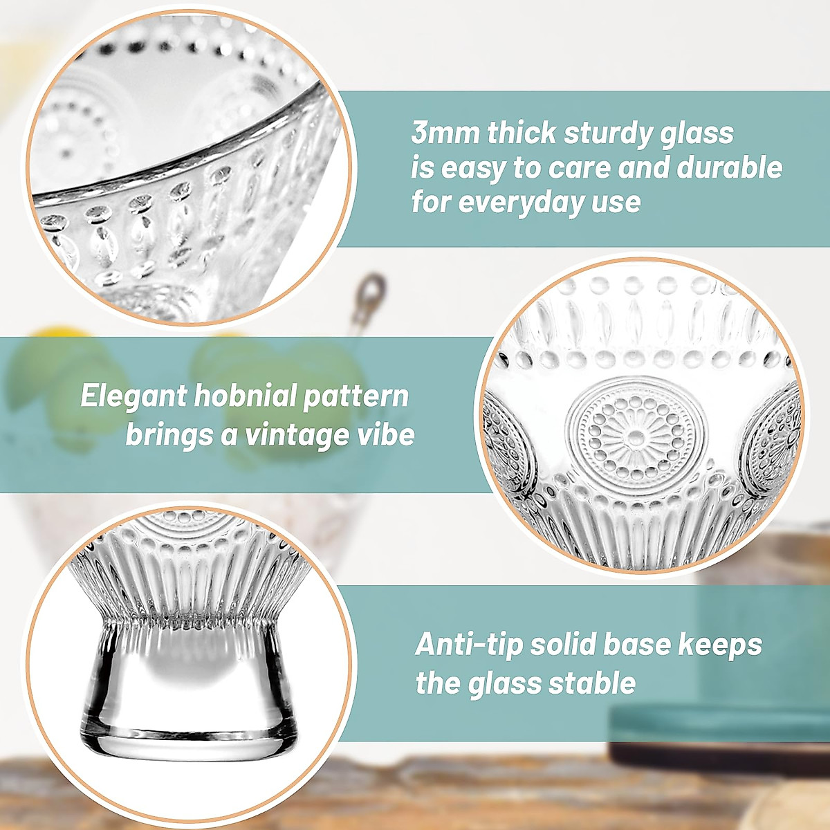 Wongblee 6Pcs Stemless Martini Glasses, 8.5oz Vintage Cocktail Glasses, Glass Dessert Cups for Home Bar, Restaurant, Party