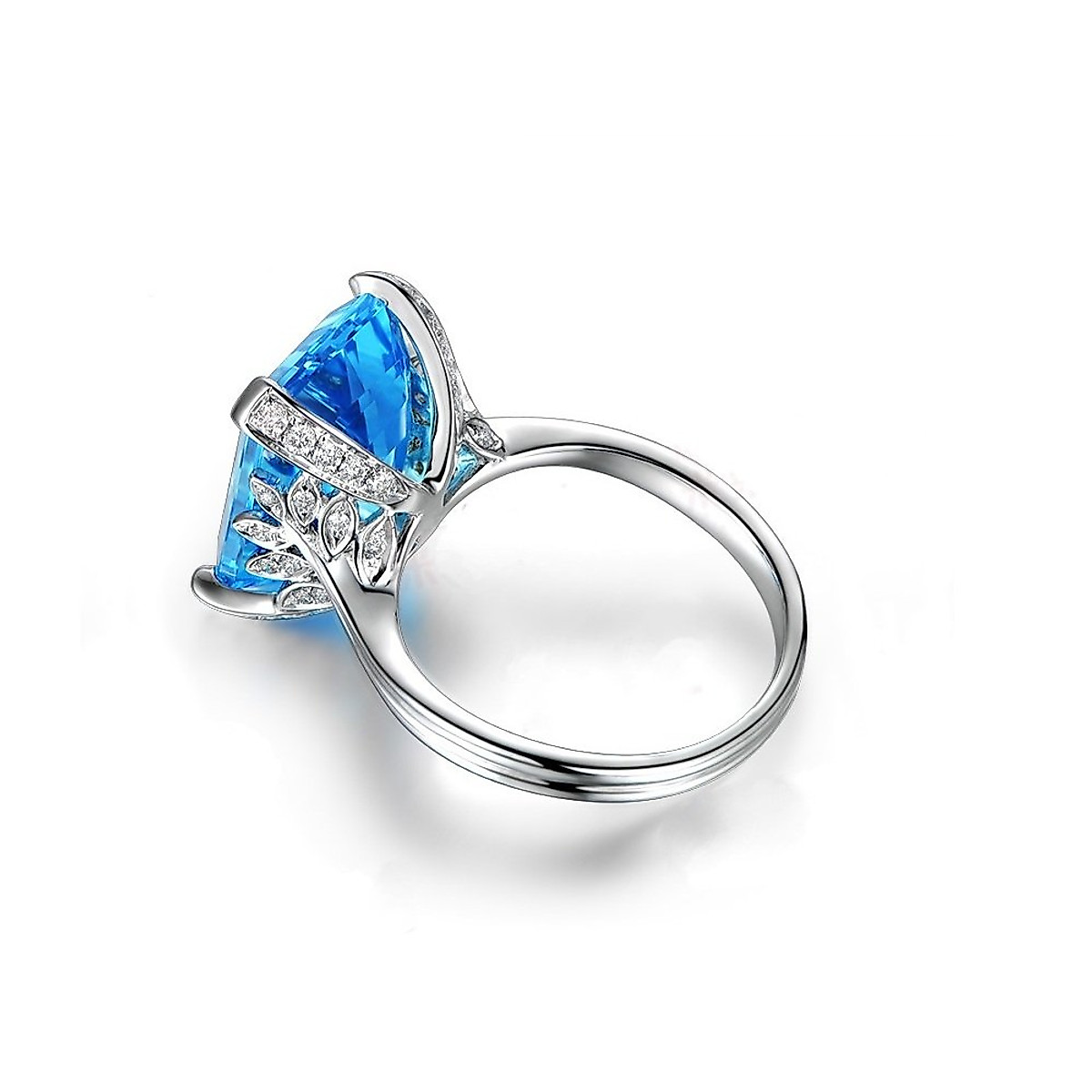 Uloveido Women Rhodium Plated Big Rectangle Blue Party Ring Emerald Cut Lab Blue Topaz Crystal Promise Engagement Rings Dainty Birth Stone Wedding Jewelry for Her Size 10 RJ292