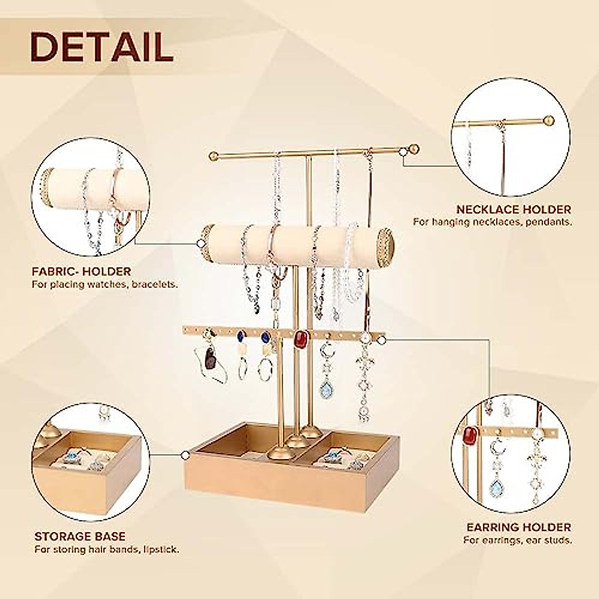 MingsunTan Jewelry Holder Organizer Jewelry Stand, Jewelry Organizer 3 Tier Jewelry Holder, Jewelry Display Rack Tree Jewelry Tower for Earring Bracelet Ring Necklace (Gold)
