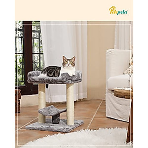 PETEPELA Cat Scratching Post, Cat Tree Tower for Indoor Cats, Cat Scratcher with Large Plush Top Perch Bed, Cat Post and Curved Platform