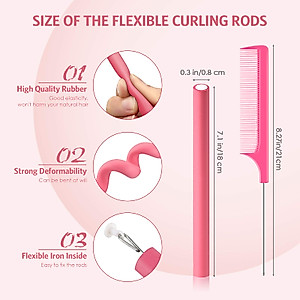 60 Flexi Rods Hair Curlers Set for Women & Girls - Flexible No Heat Rollers for Long and Short Hair, Twist Curls (Pink, 0.3 x 7 Inch)