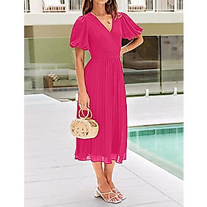 MEROKEETY Summer Dress for Women 2023 Wrap V Neck Bubble Sleeve Pleated Party Midi Dresses,HotPink,S