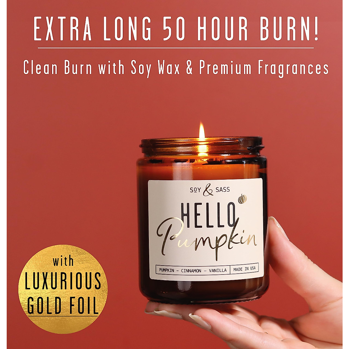 Pumpkin Candle, Fall Candles - 'Hello Pumpkin' Soy Pumpkin Spice Candle I Infused with Essential Oils I Fall Candle Decor, Fall Scented Candle I 9oz Reusable Jar I 50 Hour Burn I Made in USA