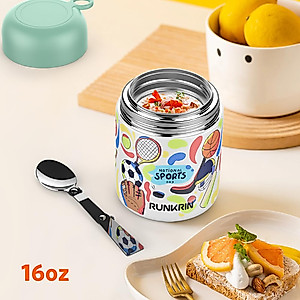 Insulated Food Jar for Hot Food, Runkrin 16oz Thermos Vacuum Double Wall Lunch Container with Spoon, Leak Proof Stainless Steel Thermal Bento Box for Kids Boys Girls Adults