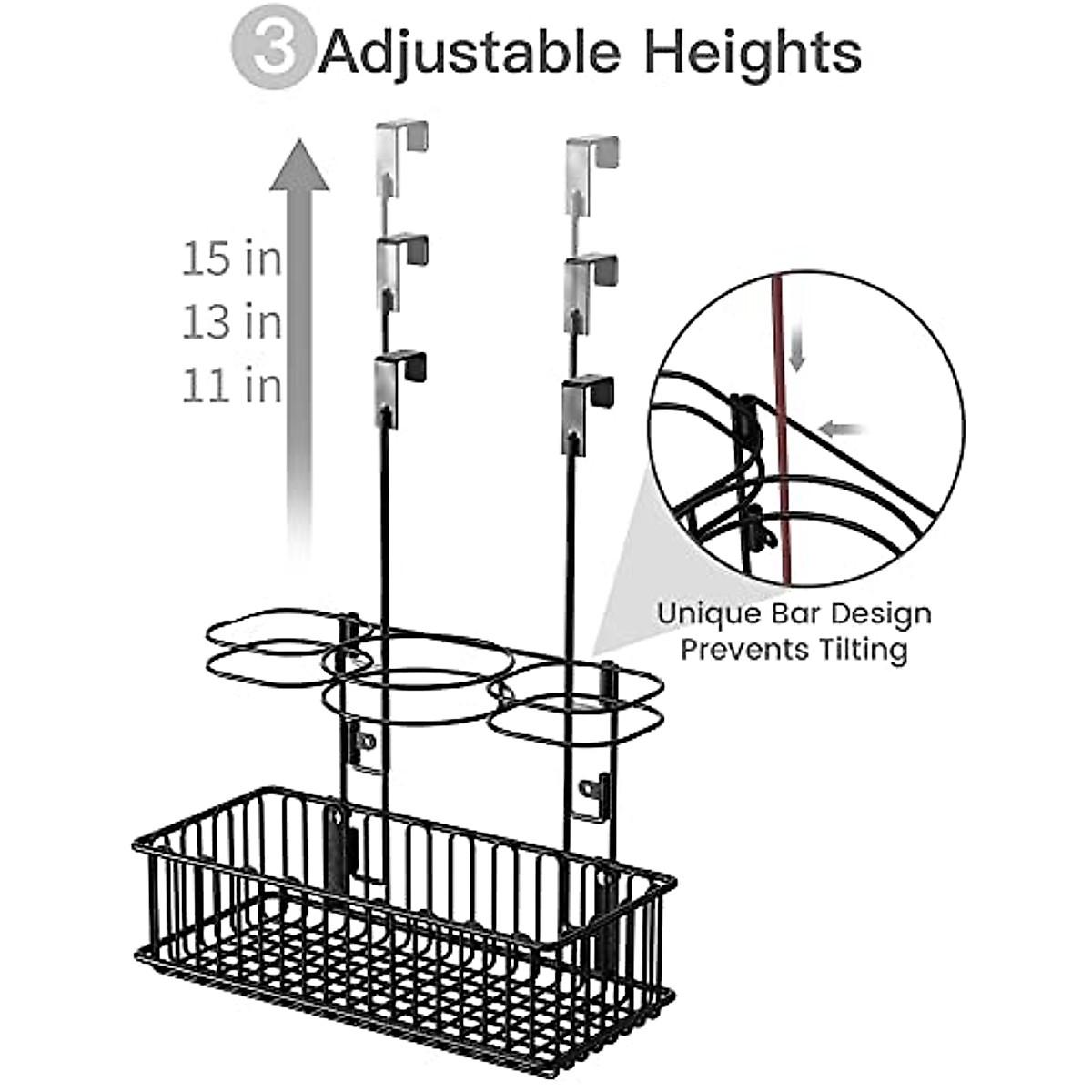 ULG Hair Dryer Holder, Hair Tools Organizer, 3 Adjustable Heights, Hair Care & Styling Tool Holder for Bathroom, Over Cabinet, Wall-Mounted, for Hair Dryer, Curling Wand, Hair Straightener, Black