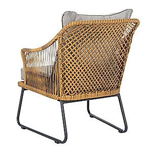 SAFAVIEH Outdoor Collection Jensen Natural Brown Rattan/Grey Seat Cushion 3-Piece Patio Lounge Bistro Set with Table (PAT9008A)