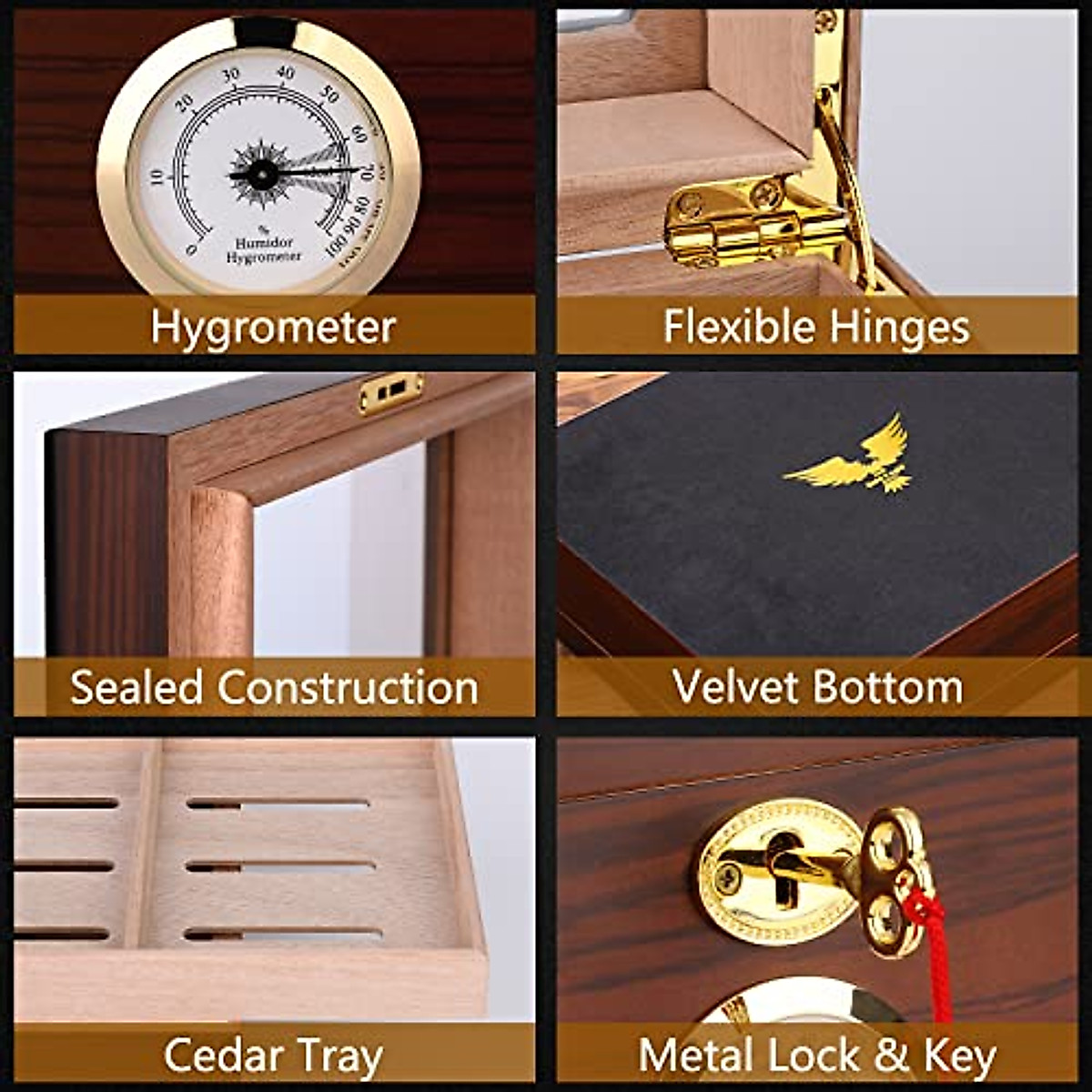 Bald Eagle Cedar Cigar Humidors with Hygrometer, Handcrafted Cigar Box with Humidifier, Glass Top Humidor Box with Cigar Accessories, Luxury Cigar Case Sapele Walnut Finish 35-60 Cigars