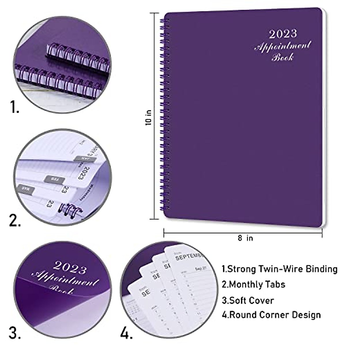 2023 Weekly Appointment Book & Planner - 2023 Daily Hourly Planner with Twin-Wire Binding, 8" x 10", Appointment Book from January 2023- December 2023, Hourly Interval, Lay - Flat, Round Corner, Thick Paper - Purple