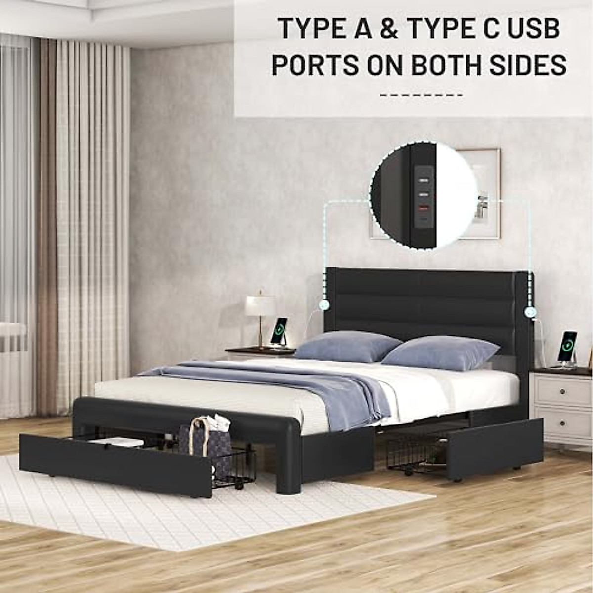 Upholstered Queen Size Platform Bed Frame with 3 Storage Drawers and Headboard, PU Leather Queen Storage Bed with USB Charging Station and Wooden Slats Support, Noise Free, Black