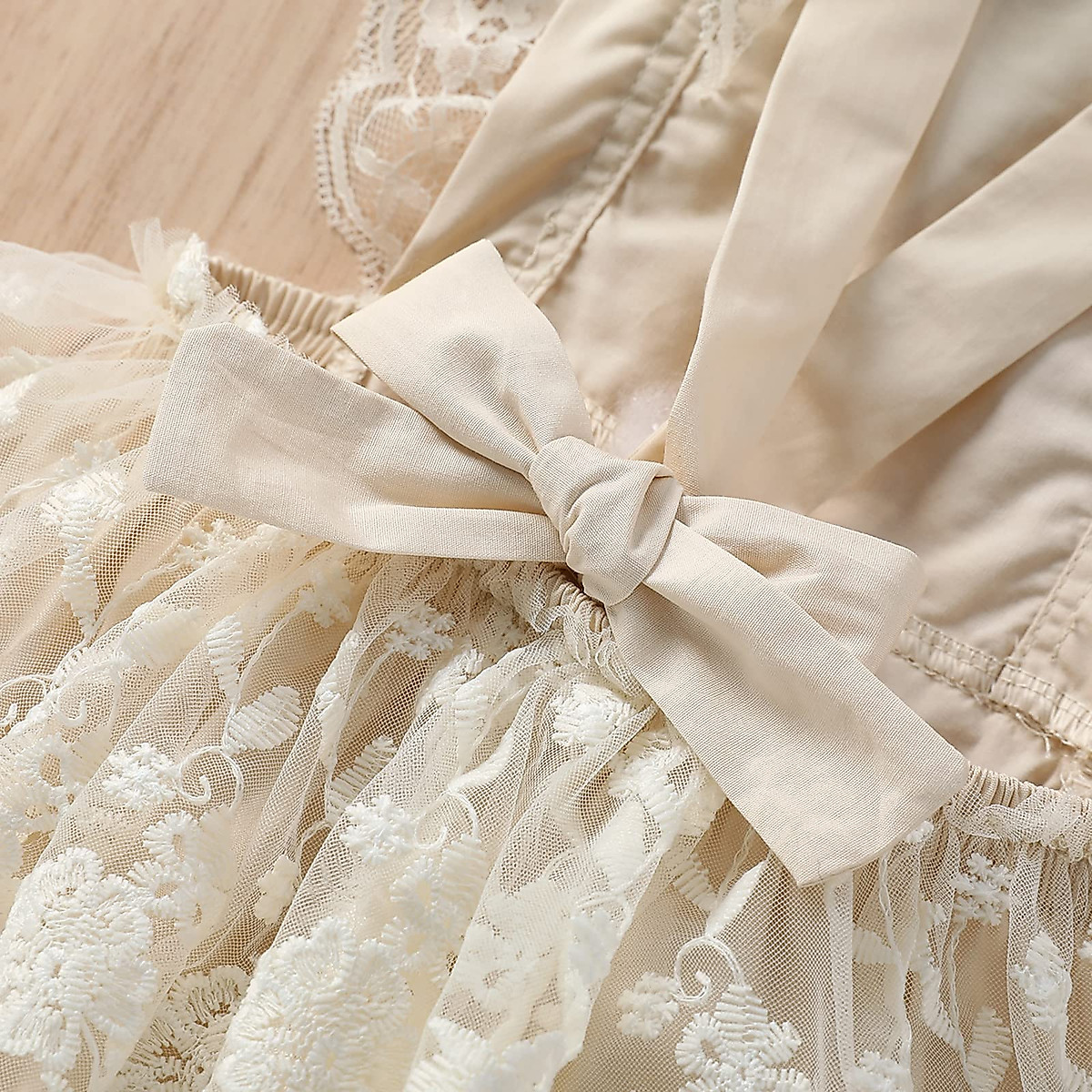 Newborn Baby Girl Lace Romper Dreamy Floral Embroidered Ruffle Princess Dress Boho Outfit Lace Beige 6-12 Months