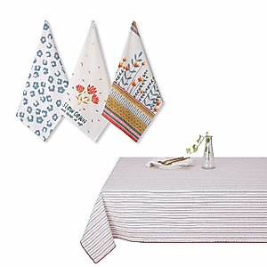 Folkulture Dish Towels and Table Cloth 60 x 84 Inch Long Bundle, Boho Kitchen Towels with Hanging Loop, Modern Decorative Tea Towels, 100% Cotton Premium Table Clothes for 6 Foot Table