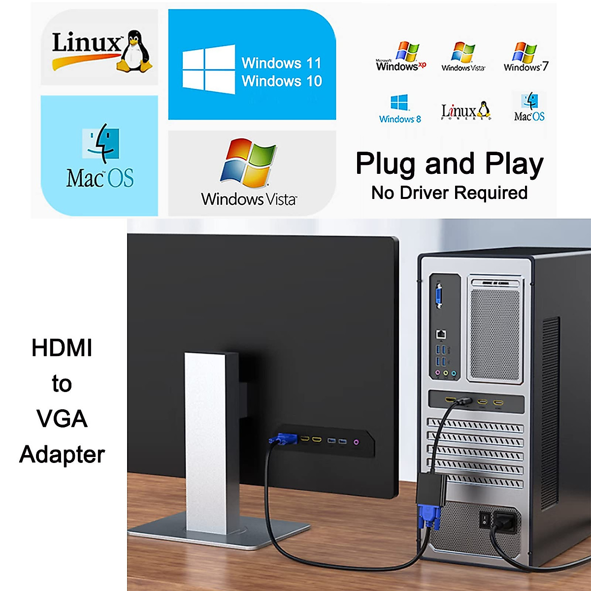 DTECH HDMI to VGA Adapter Cable for Computer Monitor PC TV 1080P HD Video (Male HDMI Input to VGA Output Female Connector)