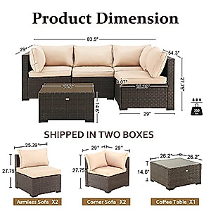 NATURAL EXPRESSIONS 5 Piece Wicker Patio Sectional Furniture Sets Outdoor Sofa Rattan Couch,All Weather Conversation Set with Tempered Glass Coffee Table and Cushions,Deck, Poolside,Backyard Porch