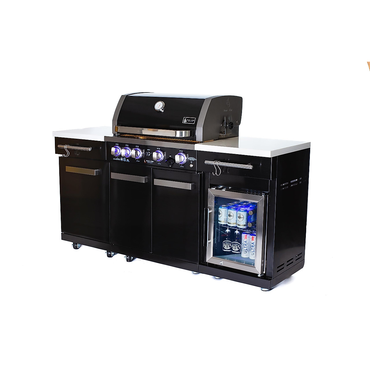 Mont Alpi MA-957FC 5-Burner 63000 BTU Black Stainless Steel Outdoor Kitchen Bar Gas Barbecue Island Grill with Infrared Rear Burner + Fridge Cabinet + Rotisserie Kit & Full Weather Cover