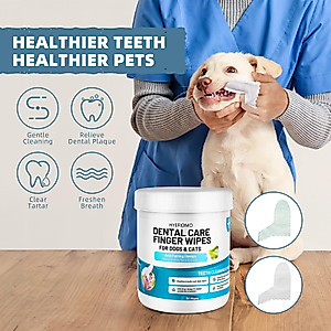 Hyefiomo Dog & Cat Teeth Cleaning Finger Wipes - Non-Slip Design Dental Care Wipes - Reduce Plaque & Tartar and Freshen Breath - Double-Sided Durable Material (50 Pcs)