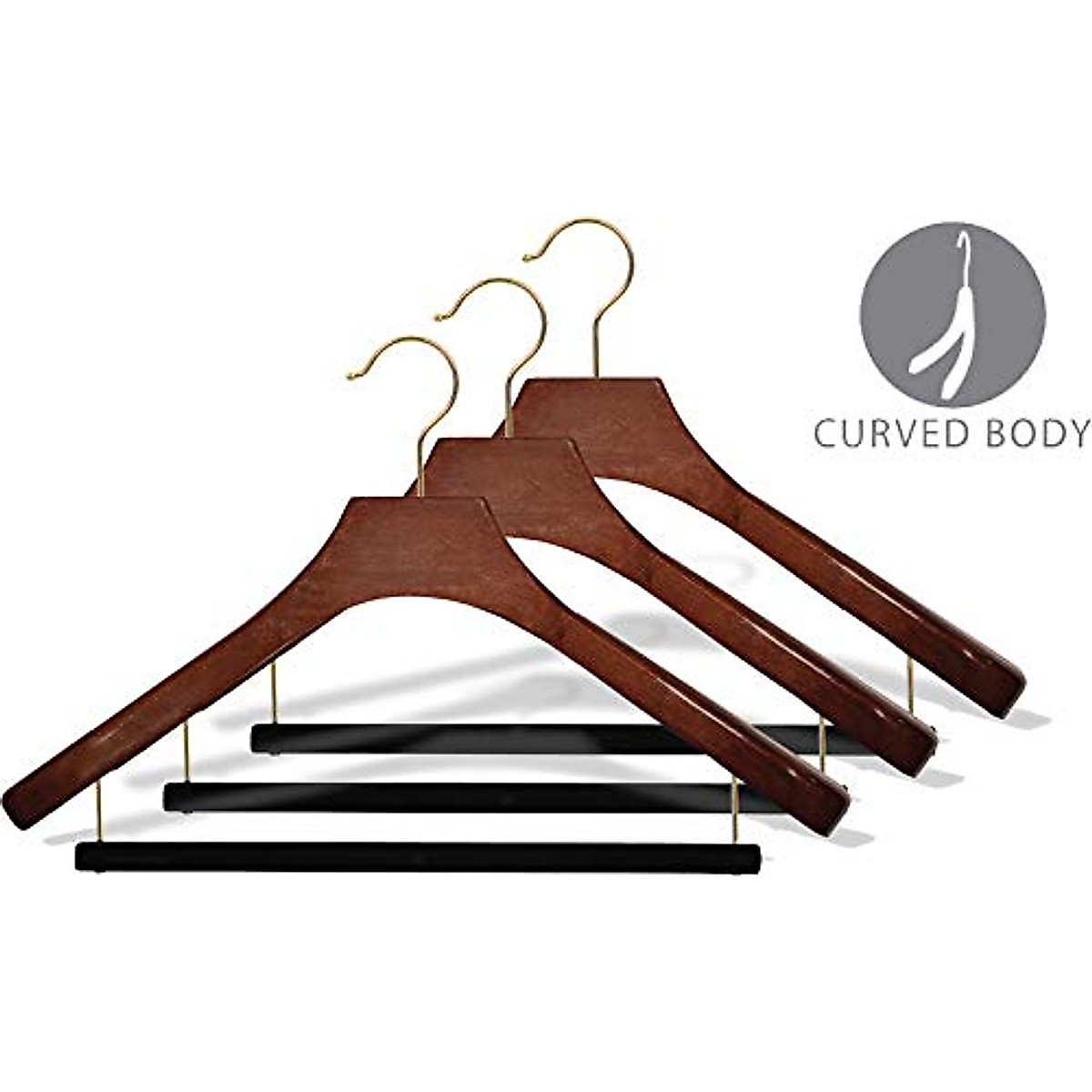 Deluxe Wooden Suit Hanger with Velvet Bar, Walnut Finish & Brass Swivel Hook, Large 2 Inch Wide Contoured Coat & Jacket Hangers (Set of 12) by The Great American Hanger Company