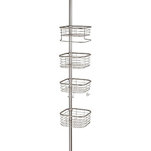 mDesign Bathroom Shower Corner Tension Pole Caddy with Adjustable Height - 4 Positionable Baskets for Organizing Shampoo, Conditioner, Shaving Cream, Soap, Loofah - Omni Collection - Satin