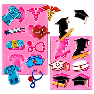 Whaline 2 Pack Nurse Graduation Themed Fondant Molds Silicone Doctor Nurse Grad Hat Medical Equipment Candy Mould Congrats Grad Chocolate Baking Resin Mold for Cupcake Cake Topper Decoration