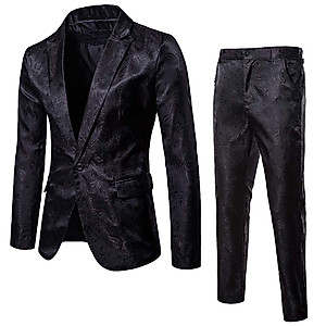Mens 2 Piece Paisley Dress Suit One Button Party Wedding Blazer Pants Sets (Black, Large)