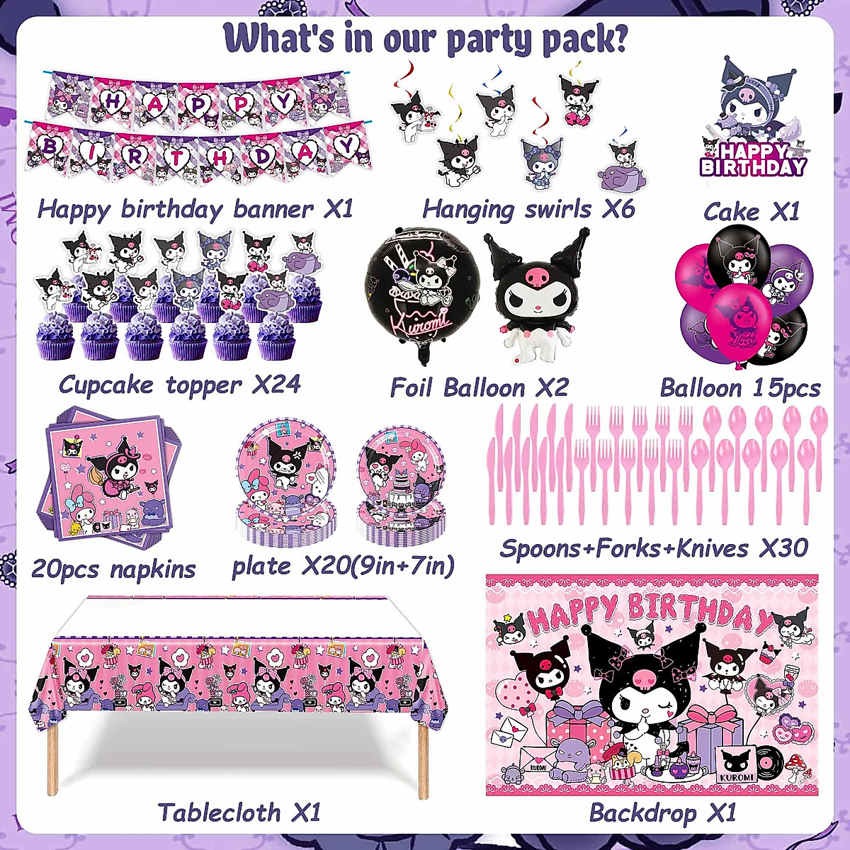 Generic Kawaii Birthday Party Decorations, Kids Cute Cartoon Party Supplies Include Happy Birthday Banner, Balloons, Tablecloth, Plates, Backdrop, Cupcake Toppers for Girls