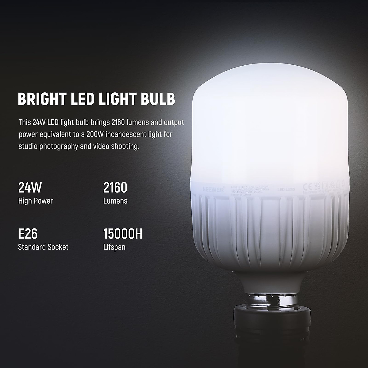 Neewer E26 24W LED Light Bulbs, 2 Packs, 2160 Lumens/5700K/CRI 93+/15000h Lifespan, Bright Video Photography Lighting, Silent/No Flicker/Non Dimmable 200W Incandescent Equivalent, UL Certified