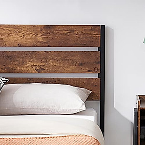 VECELO Platform Queen Bed Frame with Rustic Vintage Wood Headboard, Mattress Foundation, Strong Metal Slats Support, No Box Spring Needed