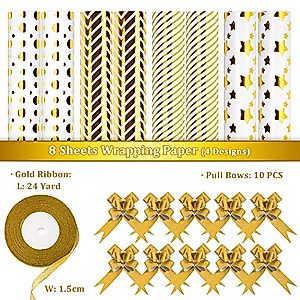 Whaline Gift Wrapping Paper Set 8 Sheet White Gold Wrapping Paper with 10 Pull Bows & 24 Yard Glitter Ribbon Star Dot Stripe Foil Decorative Art Paper for Birthday Christmas Valentine's Day