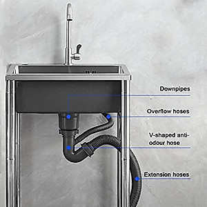 Commercial Sink Free Standing Stainless-Steel Single Bowl with Drain Kit Commercial Restaurant Kitchen Sink Set Stainless Steel Utility Sinks with Faucet (60cm/23.6in,Package A)