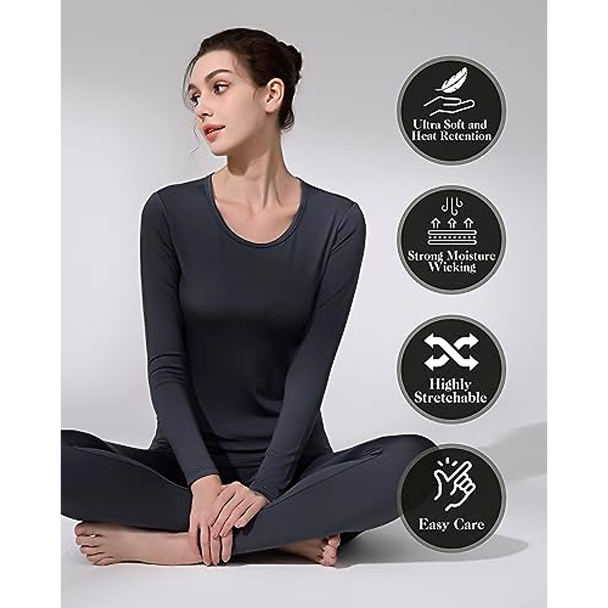 serava Thermal Underwear for Women Long Johns, Base Layer Fleece Lined Top Bottom Set for Cold Weather (L,Grey)