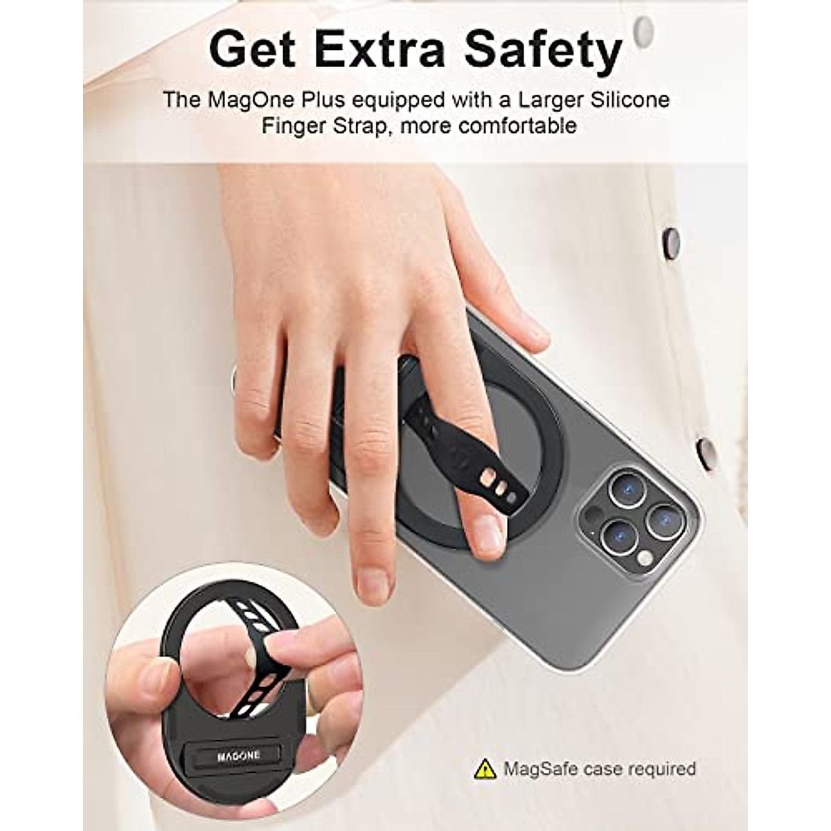 EWA The MagOne Plus Compatible with MagSafe Phone Grip Stand with Silicone Finger Strap, Removable Magnetic Holder Kickstand, Strong Magnets Stick to Metal, Only for iPhone 14, 13, 12 Pro/Max/Plus