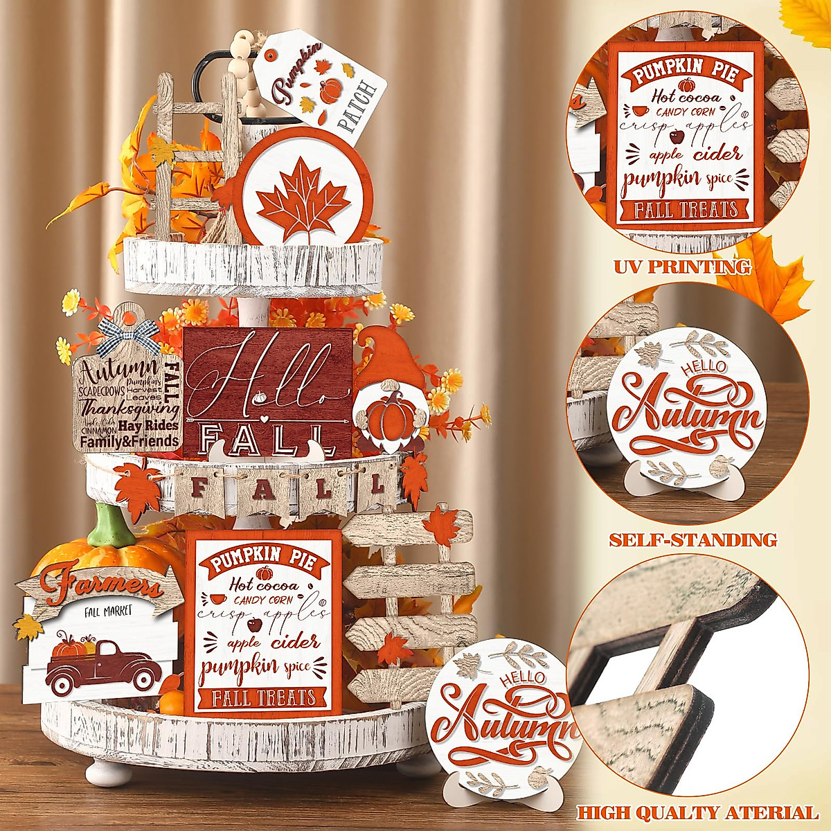Huwena 16 pcs Thanksgiving Tiered Tray Decor Thanksgiving Gnome Truck Pumpkins Wood Sign Table Centerpieces Rustic Farmhouse Decorative Trays for Table Kitchen Wall Decorations