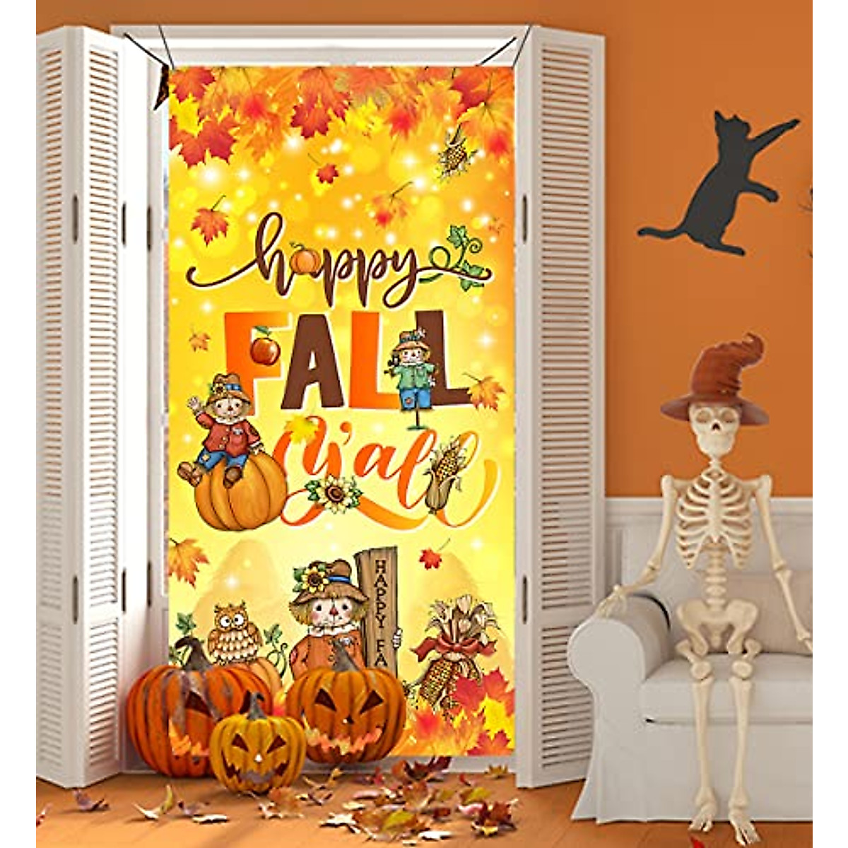 Fall Porch Decorations-Scarecrow Happy Fall Door Cover Thanksgiving Maple Leaves Pumpkin Banner Photo Background for Autumn Decor