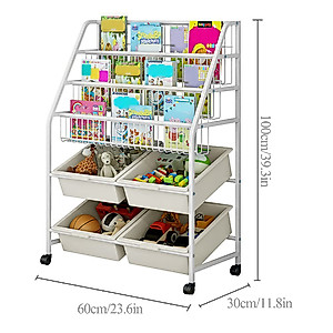 MOAMUN Kids Bookshelf Children Book Organizer 5 Tier Metal Kids Bookcases and Toy Storage Rack with 4 Cube Bins for Playroom Bedroom Living Room Study Room( Beige)