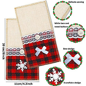 Christmas Burlap Cutlery Holders Pouch Bags with Lace Utensil , Knifes Forks Napkin Utensil Silverware Holders Buffalo Check Plaid Xmas Tableware Decor Set for Christmas Wedding Party 8 Packs