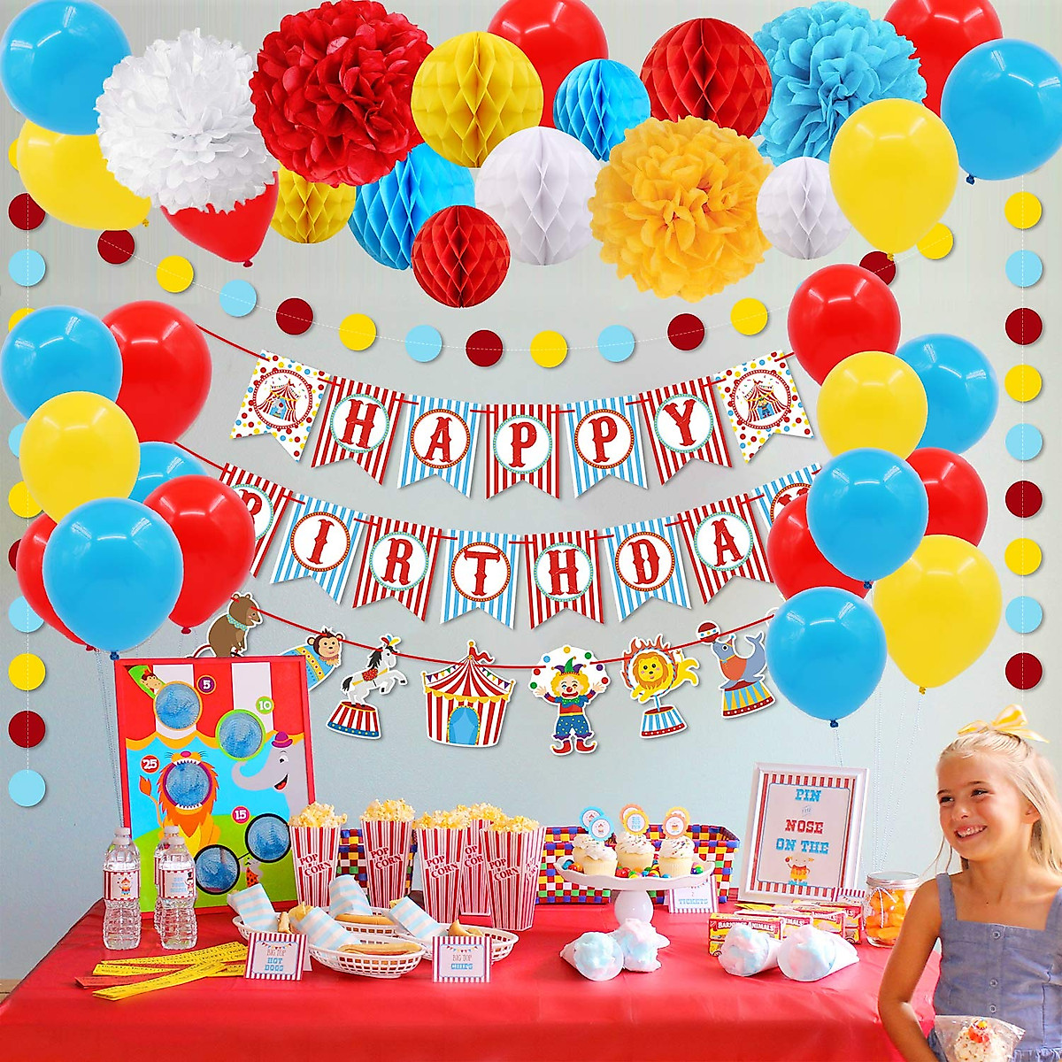 52pcs Carnival Circus Party Decorations Supplies, Carnival Birthday Party Ideas, Circus Happy Birthday Banner Balloons Tissue Paper Flowers Pom Poms Honeycomb Ball Circle Dots for Carnival Decoration