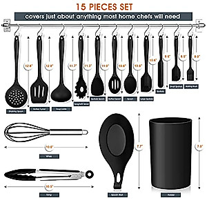 Kitchen Utensils Set, E-far 15-Piece Silicone Cooking Utensils with Holder, Non-stick Cookware Friendly & Heat Resistant, Includes Ladle Spatula Spoon Slotted Turner for Cooking & Baking (Black)