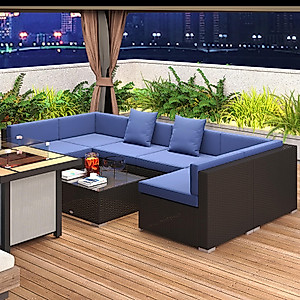 Outsunny 7-Piece Patio Furniture Sets Outdoor Wicker Conversation Sets All Weather PE Rattan Sectional Sofa Set with Cushions & Tempered Glass Desktop, Dark Blue