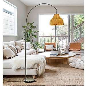 ALOADECOR 75" 1-Light Matte Black Arc Floor Lamp with Brown Rattan Shade and Marble Base Farmhouse Rattan Floor Lamp for Living Room Dining Room Bedroom