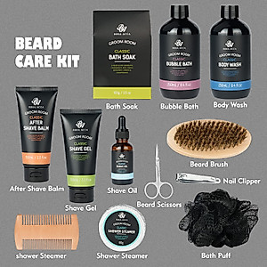 Bath Gift Set 14Pcs Beard Grooming, Bath & Body Spa Kit w/Beard Oil, Beard Balm, Beard Brush, Beard Comb, Beard Scissors, Storage Bag, Beard Growth Care for Men, Dad, Husband