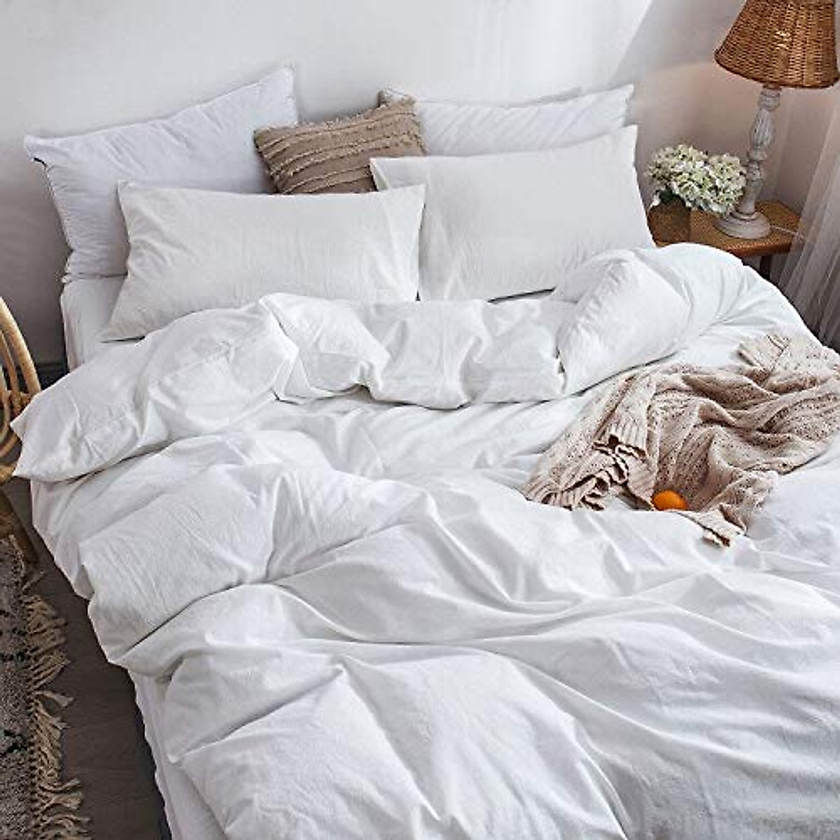 MooMee Bedding Duvet Cover Set 100% Washed Cotton Linen Like Textured Breathable Durable Soft Comfy (Off White, Queen)