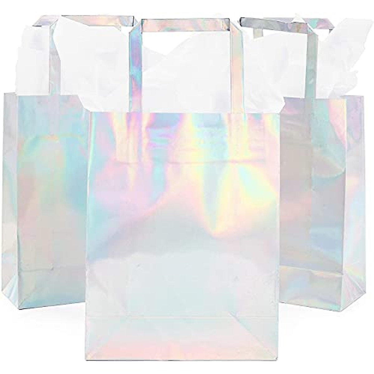 BLUE PANDA Holographic Foil Paper Gift Bags with Handles - 7 x 9 x 3 Inches, 20 Pack