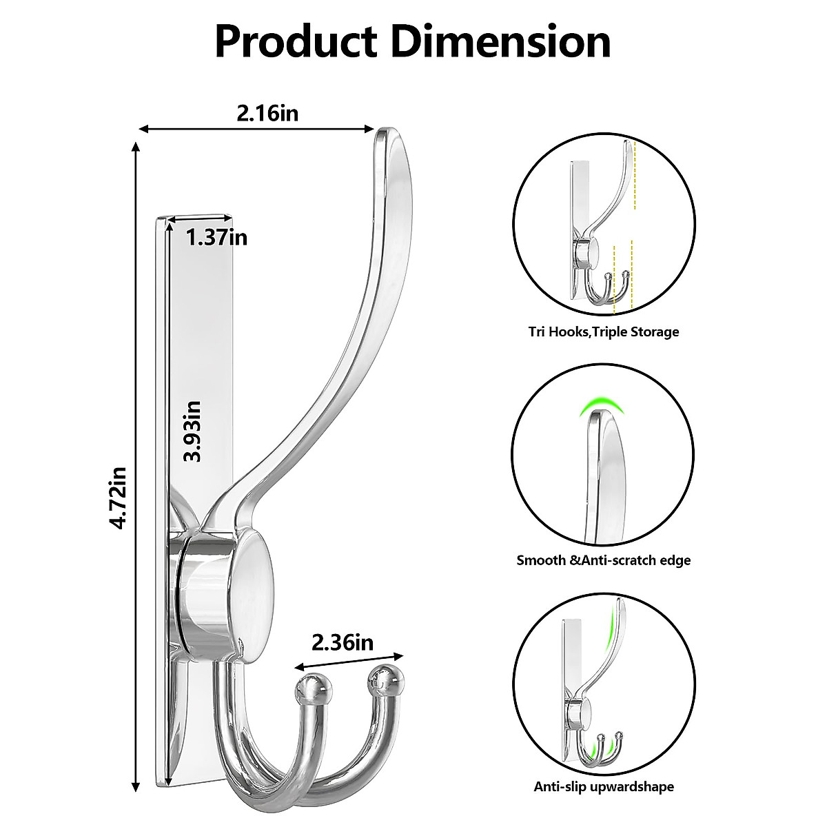 VINHOLD Metal Wall Mounted Towel Hooks, Self-Adhesive Coat Hooks with Tri Hooks for hanging towels, coats, hats, pans, Utility Hooks for bathrooms, bedrooms,kitchens(2 pack，glossy)