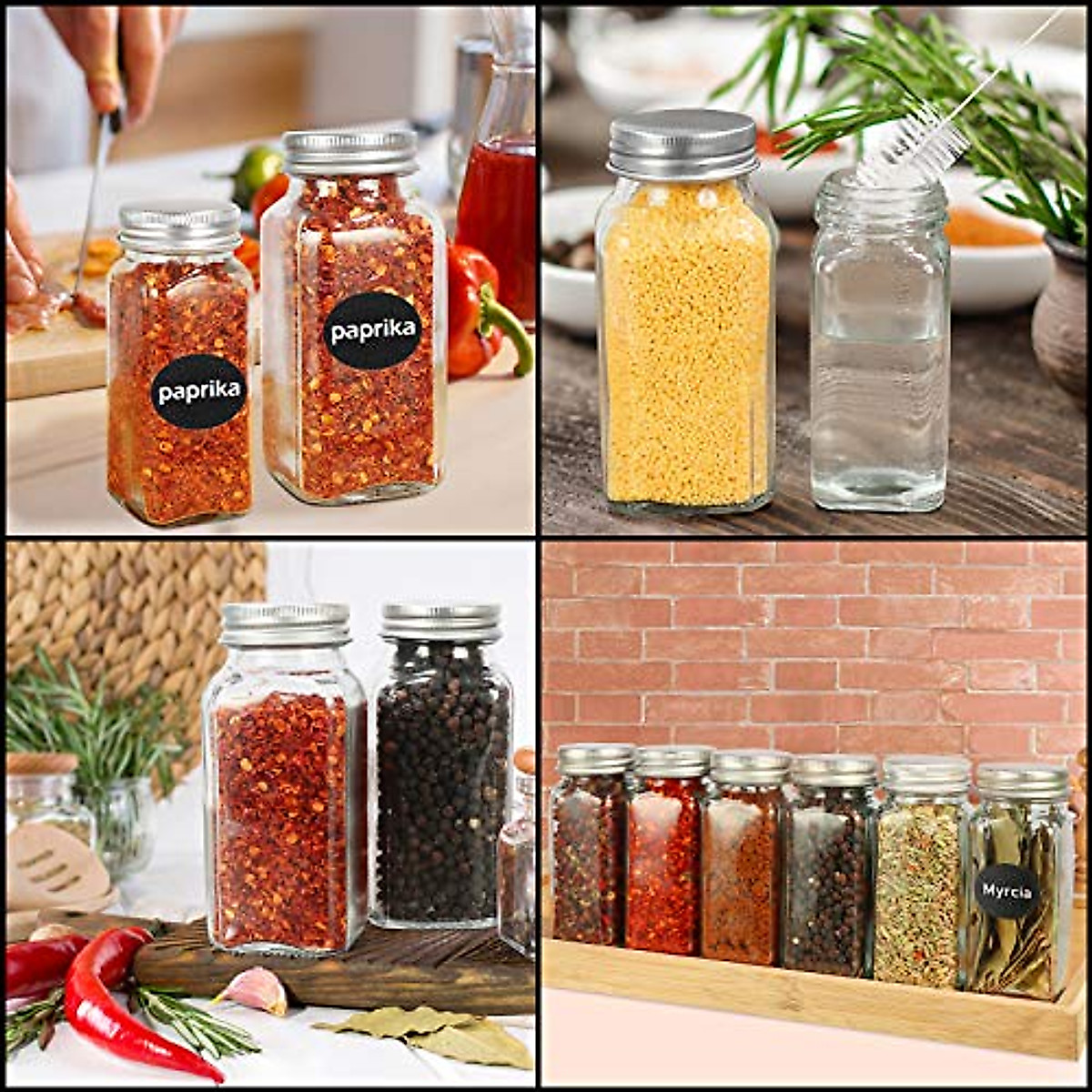 DHSBTLS 30 Pcs Glass Spice Jars with Spice Labels,6oz Empty Square Spice Bottles with Shaker Lids and Airtight Metal Caps,Chalk Marker and Silicone Collapsible Funnel Included