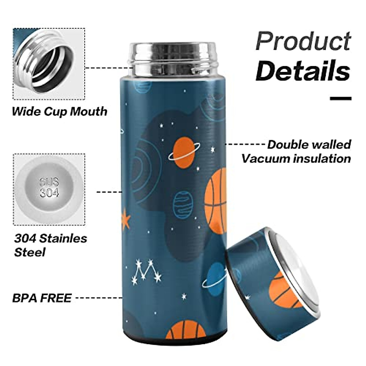 CaTaKu Small Water Bottle 12 oz, Space Planet Basketball Insulated Water Bottle for Water Coffee Tea Stainless Steel Flask Thermos Bottle Reusable Wide Mouth Vacuum Travel Mug