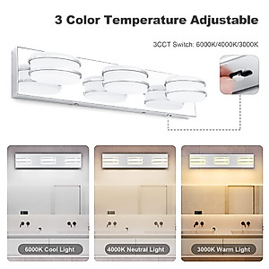 3 Color Temperature Dimmable Bathroom Light Fixtures over Mirror LED Chrome 3 Light Bathroom Vanity Light Fixtures Acrylic Stainless Steel Oval Shade Vanity Lights for Bathroom, ETL Certificated